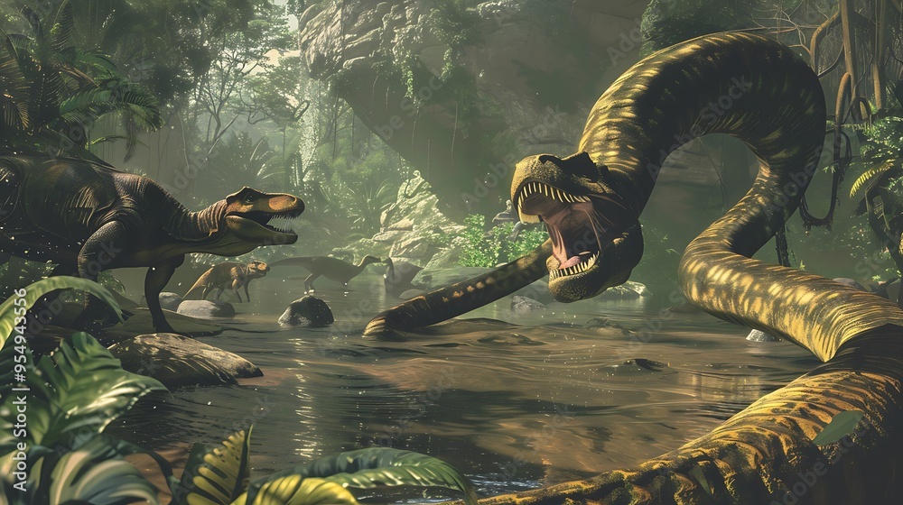 Titanoboa confronting group of dinosaur near watering hole body coiled ...