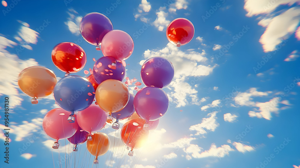 Colorful Balloons Floating Upward in a Blue Sky with White Clouds ...