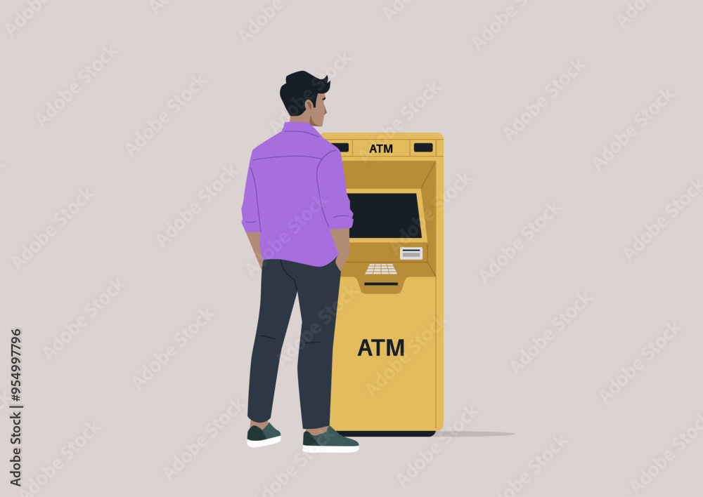 A figure stands before an ATM machine, engaged in a routine transaction ...