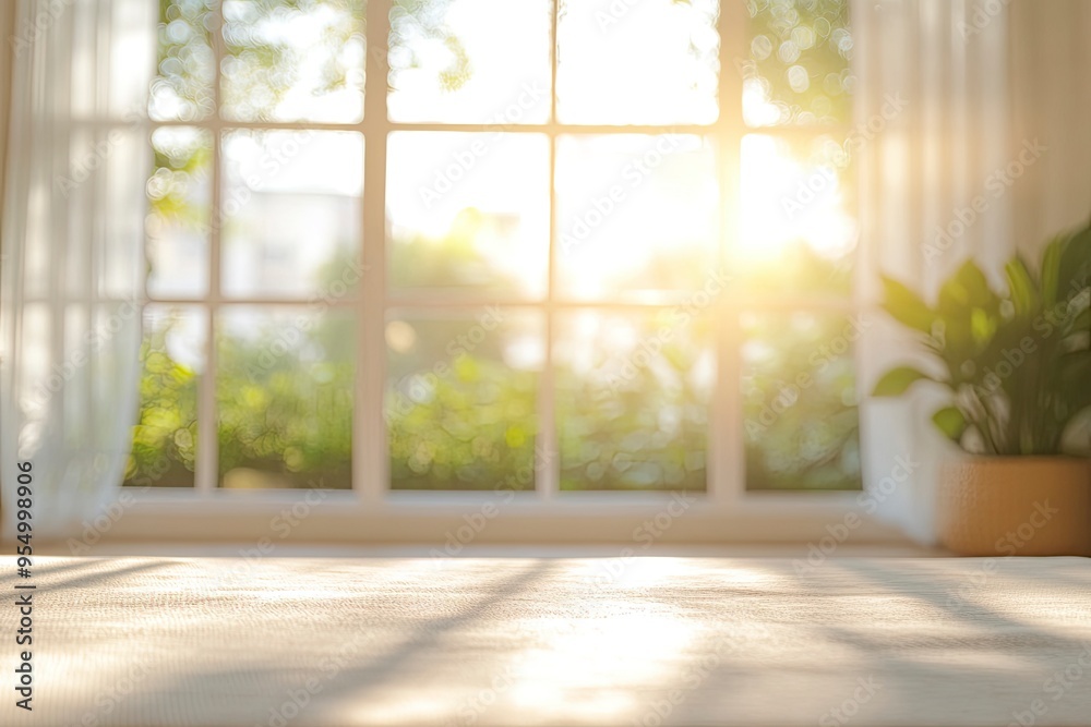 Blur living room at home with morning sunlight at big window for ...