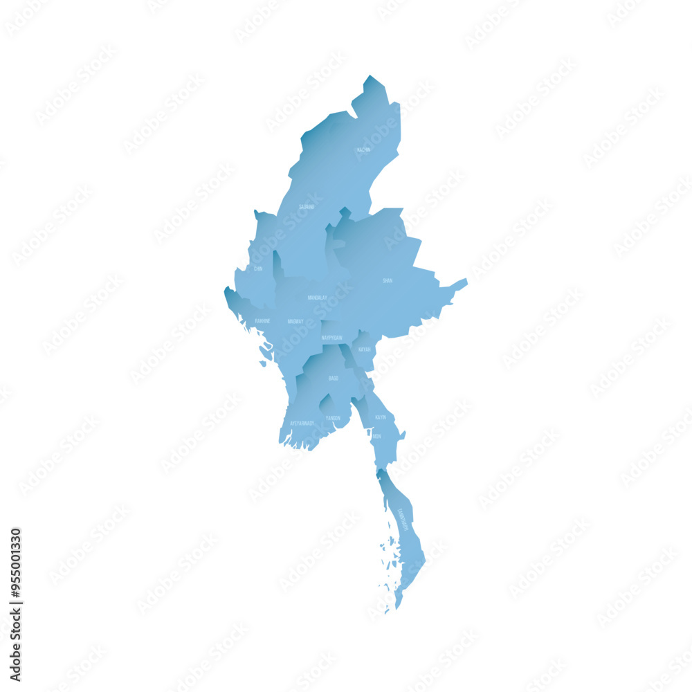 Myanmar political map of administrative divisions - states, regions and ...