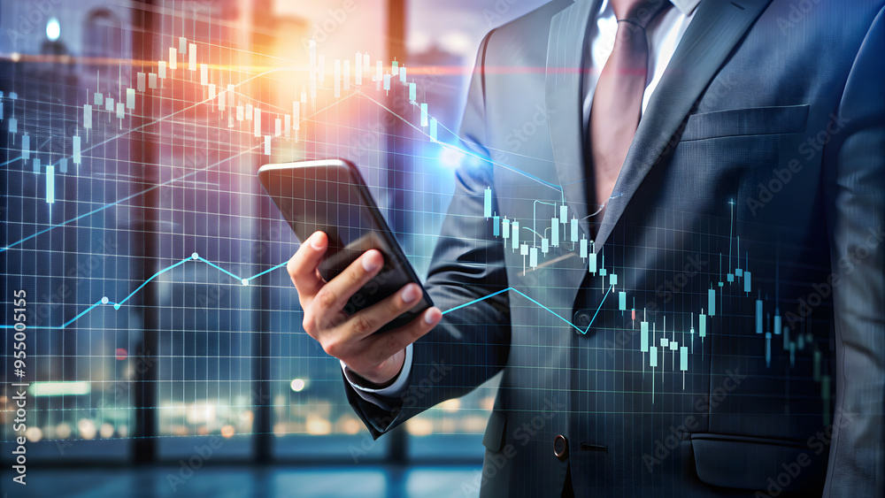 Businessman's hands holding mobile phone with falling forex chart on ...