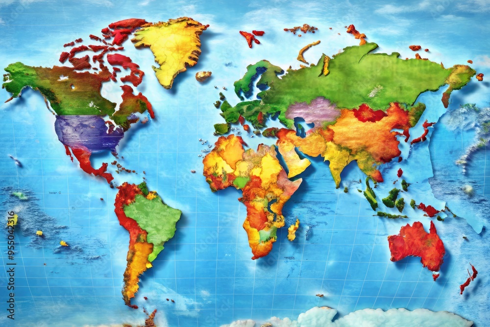 A colorful world map displays country borders, capitals, and ...