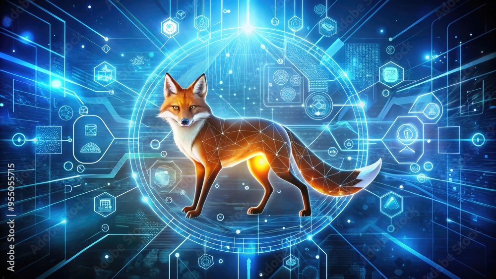A modern digital illustration of a stylized fox emblem surrounded by ...