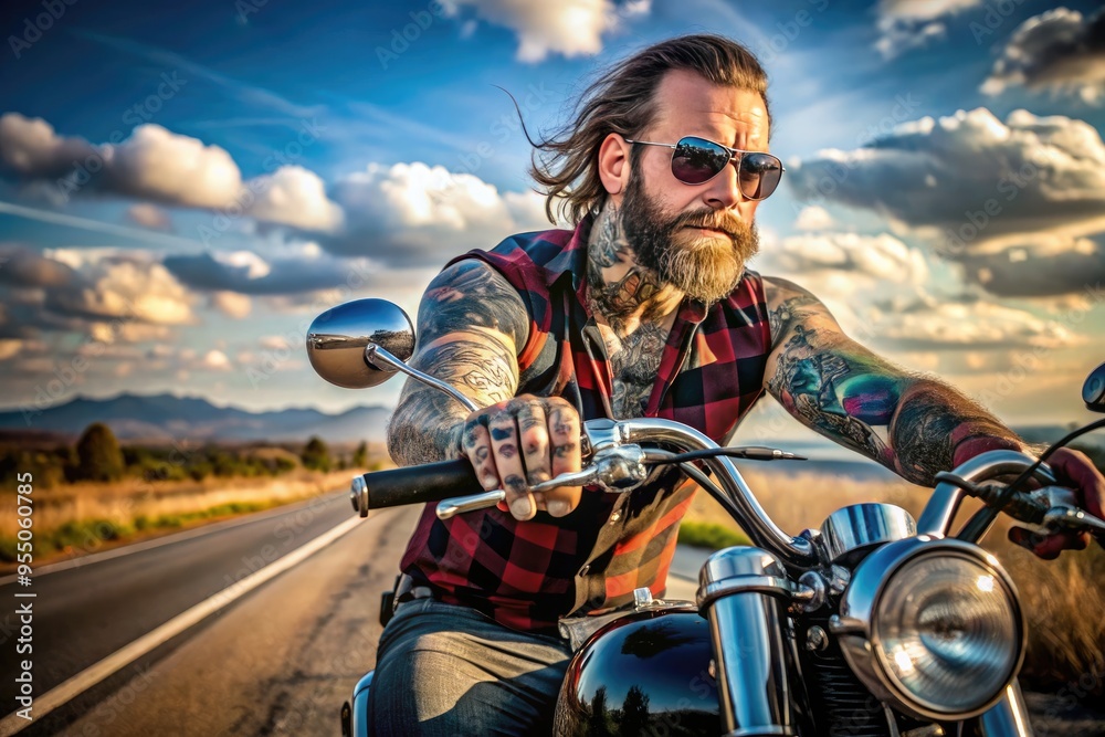 A rugged, sunglasses-wearing biker with numerous colorful tattoos on ...