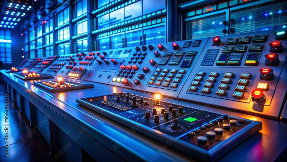Modern industrial control console with rows of flashy buttons, sleek ...