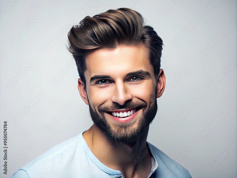 Clean-cut young male model with stylish fade haircut, trimmed beard ...