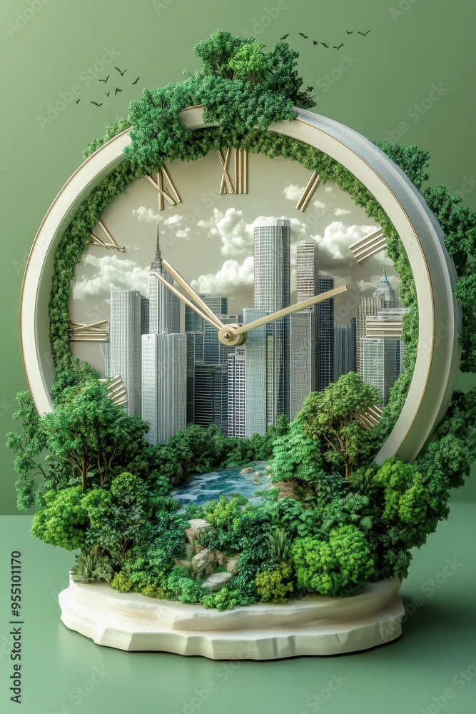 Sustainable World Clock, 3D rendering of a world clock showing ...