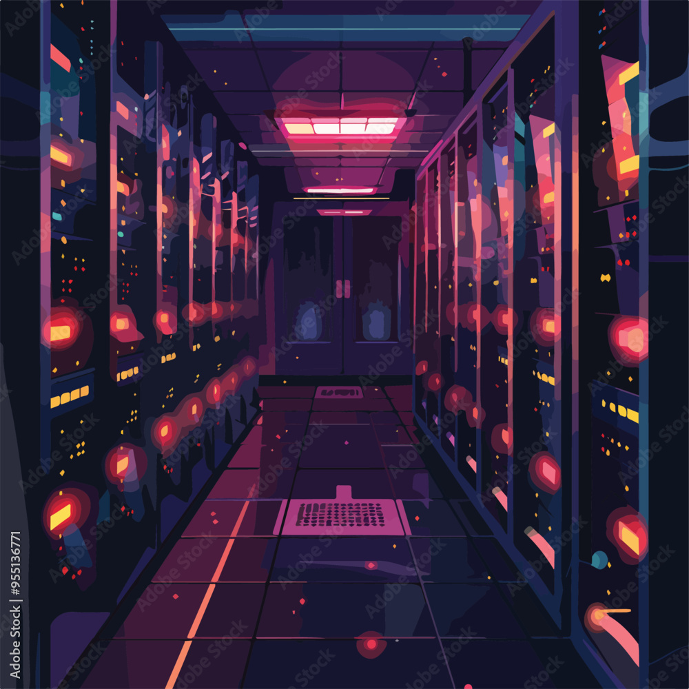 Dark server room hallway with flashing lights technology datacenter illustration background ...