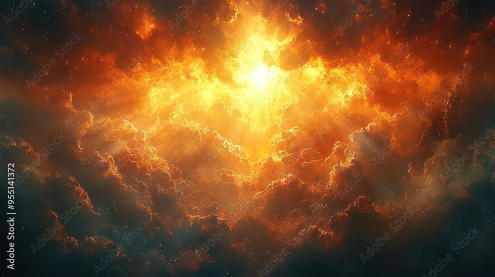 dramatic celestial scene radiant paradise above contrasting fiery ...