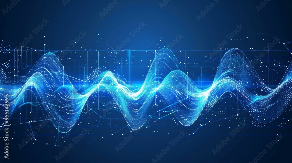 Abstract technology background with layered flowing particle waves ...