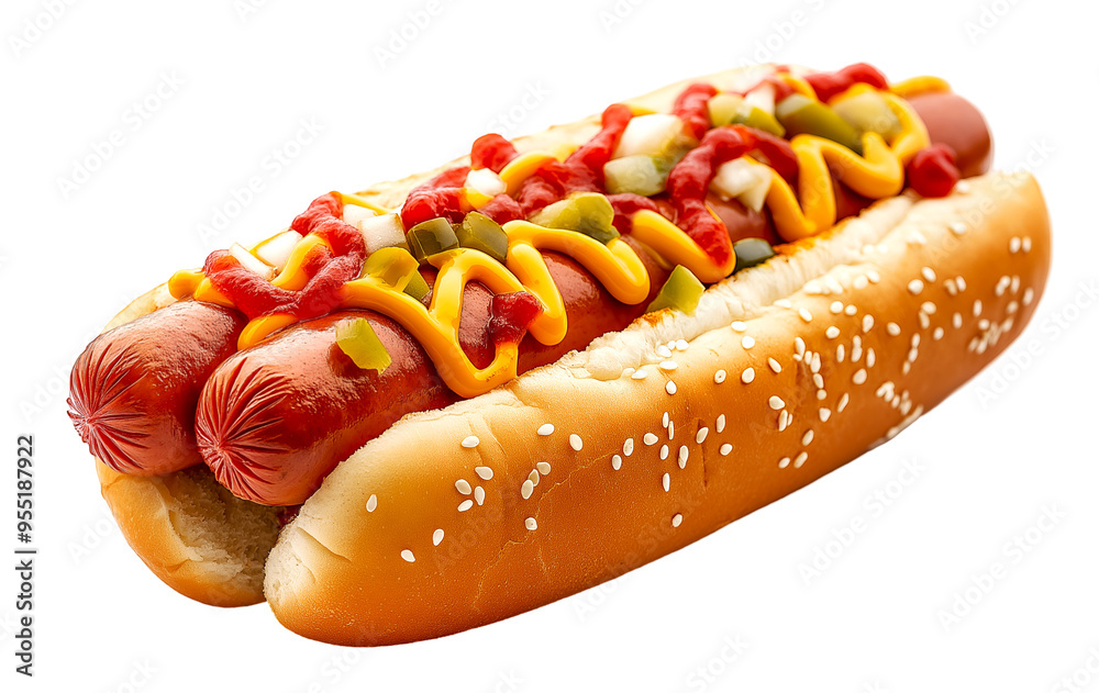 Double hot dog with ketchup, mustard, and diced onions, isolated on a ...