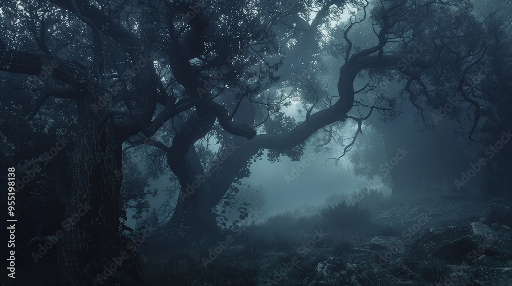 Mystical Forest at Twilight with Dense Fog, Dark and Eerie Atmosphere ...