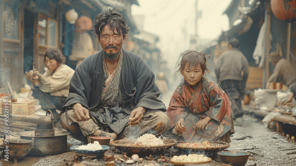 1900 photo of a poor sad japanese family sitting on the floor of a ...