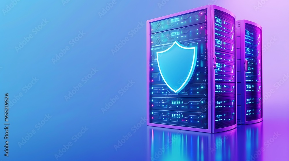 Secure server rack with a neon shield icon representing cybersecurity ...
