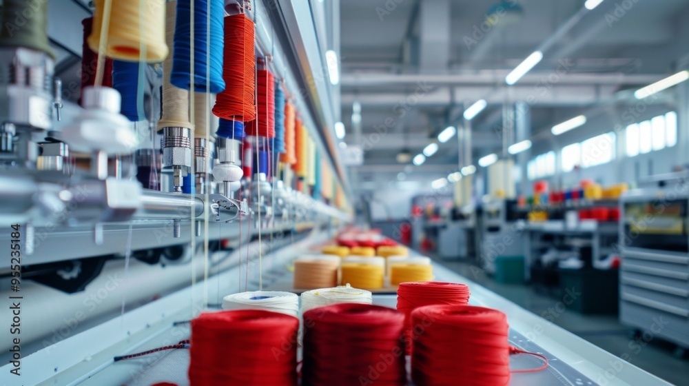 Interior of textile factory with large embroidery machines, colorful ...