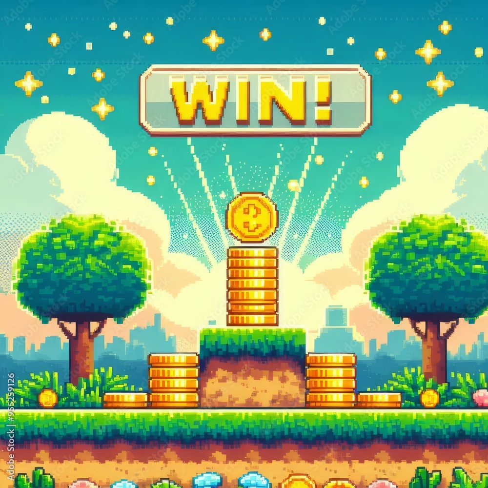 Pixel game art win background. Retro 8 bit video games screen, computer game victory with coins ...