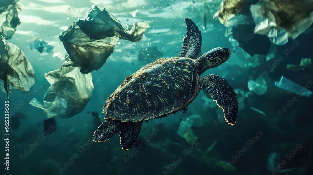 Sea turtle surrounded by dirty water and floating plastic bags ...
