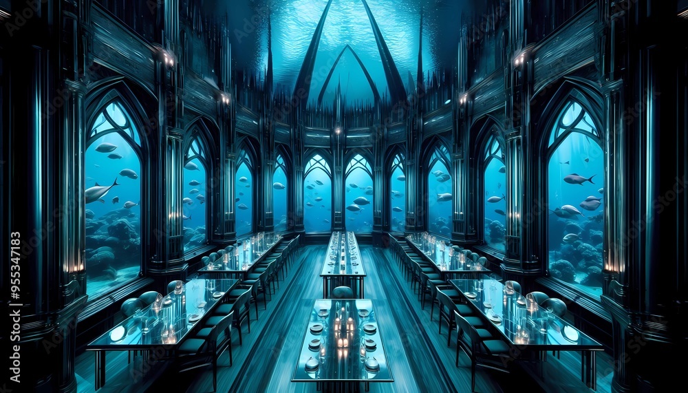 Futuristic gothic restaurant immersed in the bottom of the Sea, large ...