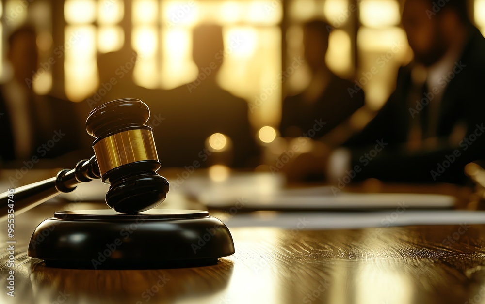 Gavel on a desk in a boardroom with silhouetted people in the ...