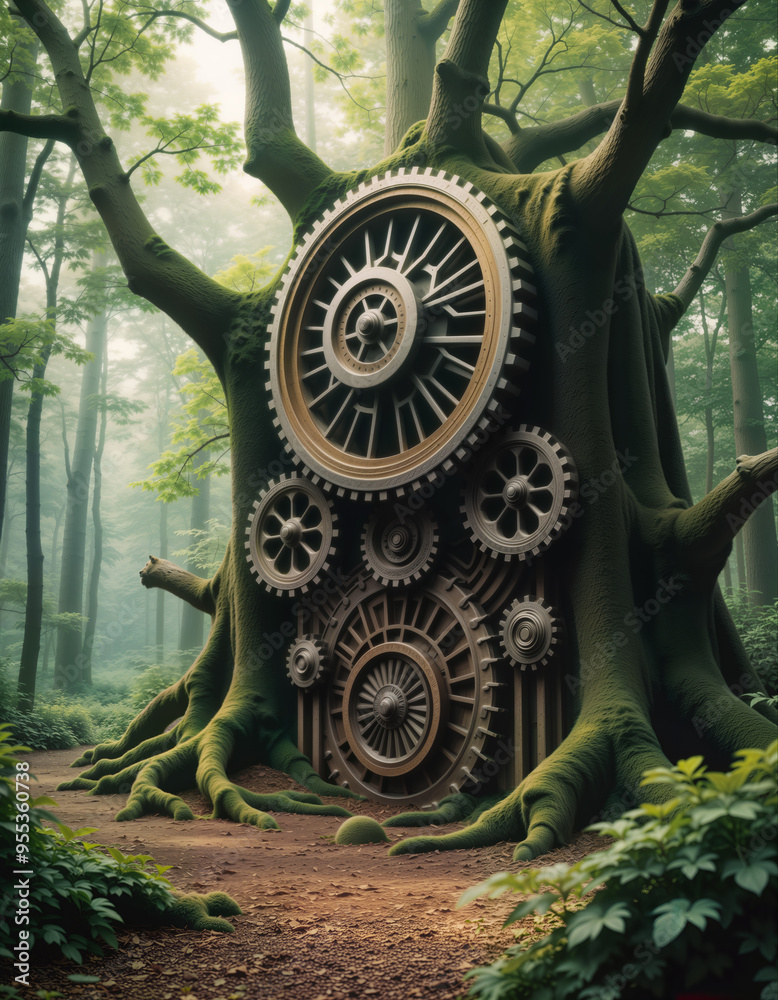Ancient tree with giant gears embedded in its trunk, blending nature ...
