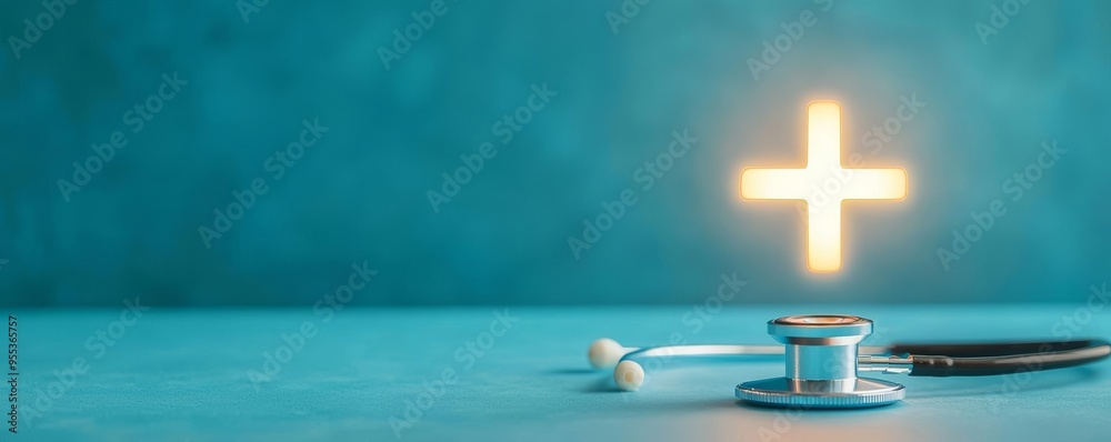 Minimalistic blue medical background with a luminous plus sign ...