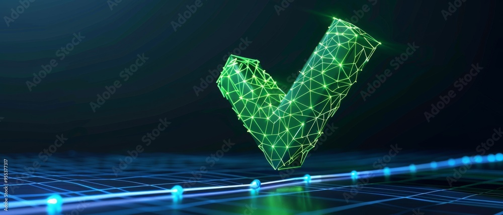 a digital check mark icon in low poly wireframe, task management and ...