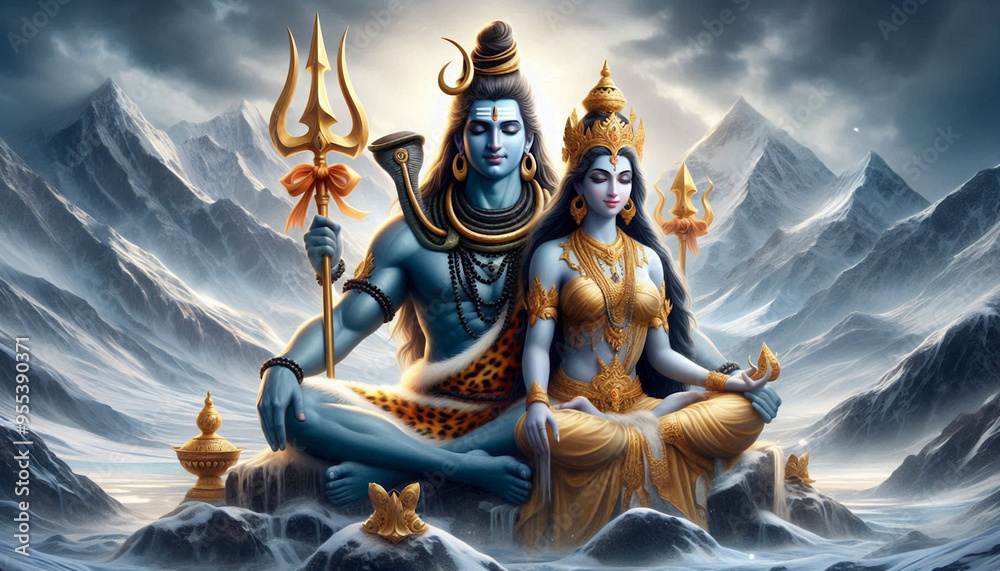 Hindu god Shiva or shiv with Parvati meditating on Mount Kailash in the Himalayas Stock Photo ...
