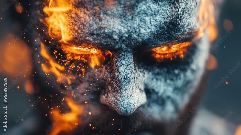 A close-up of a face with glowing eyes, fiery elements, and cracked ...