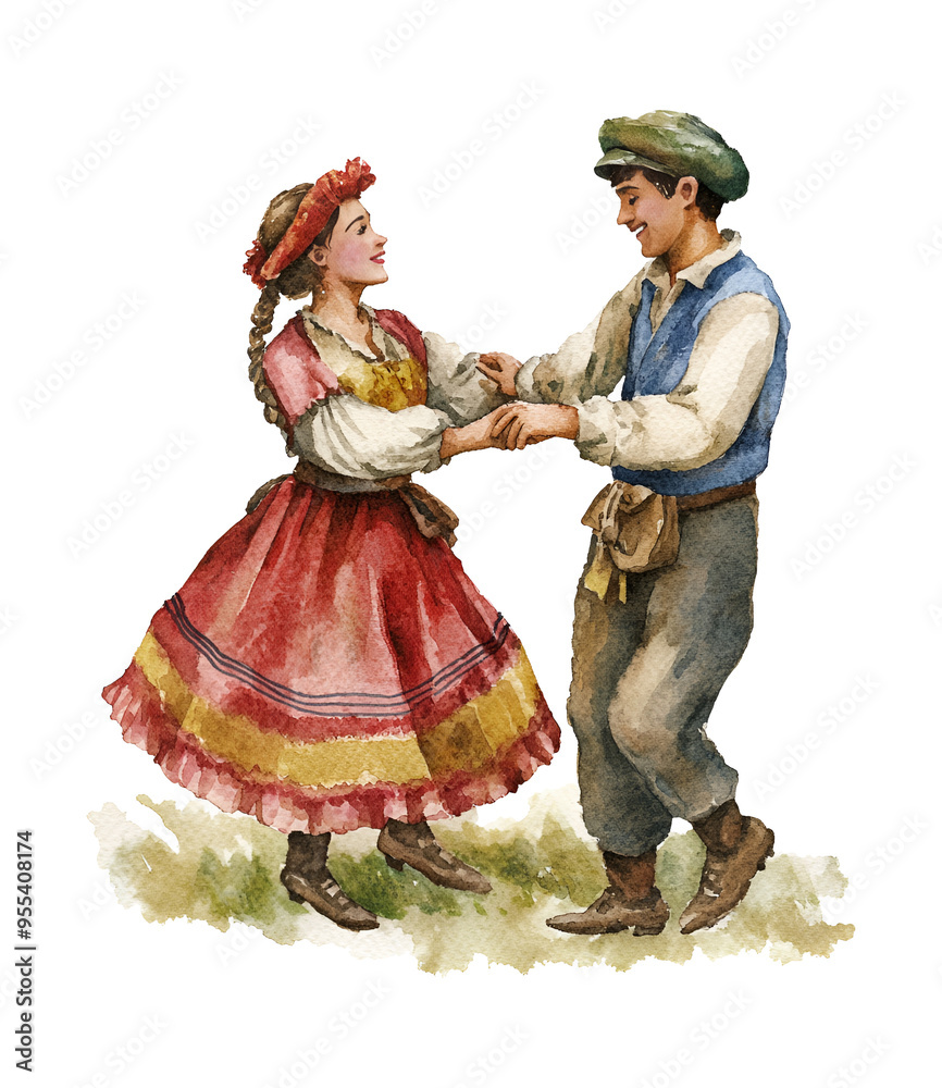 Italian folk dances, watercolor clipart illustration with isolated ...