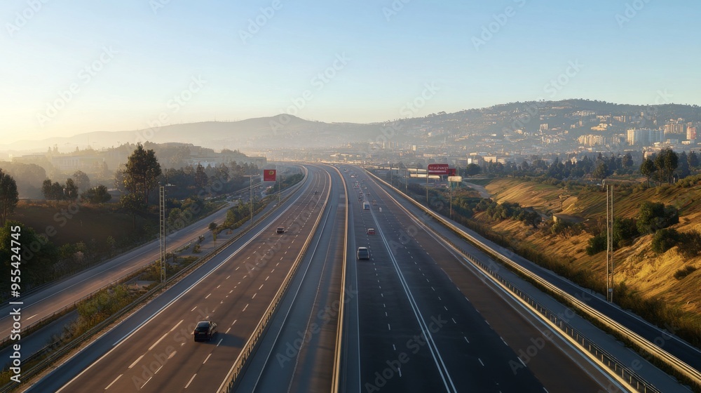 An expressway with clear lane markings and road signs, set against a ...