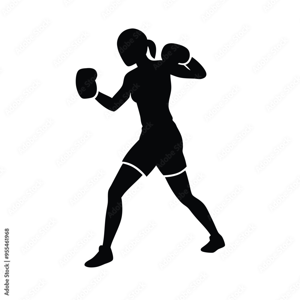 Female boxing player pose vector silhouette, isolated white background ...