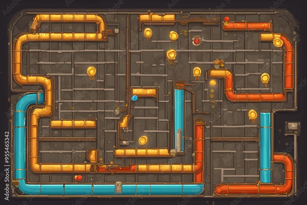 A retro arcade game level map interface with underground factory ...