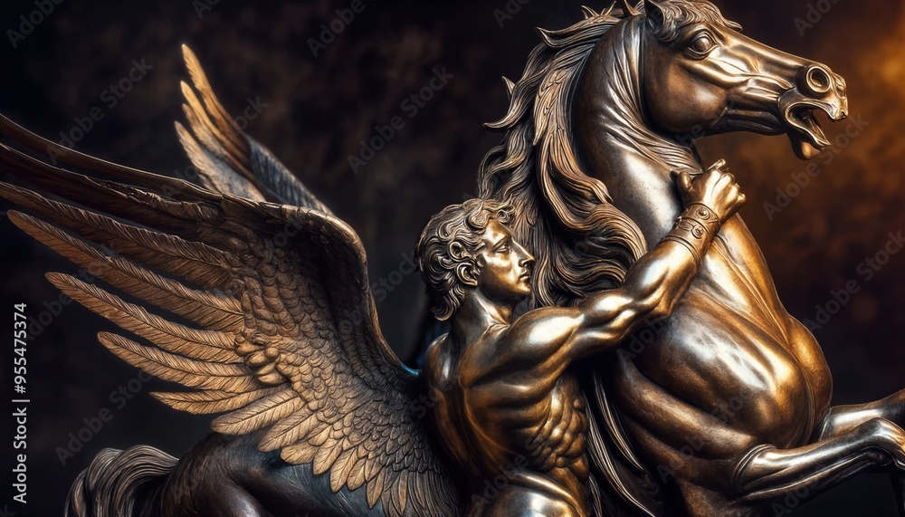 stylized fantastic old bronze statue of perseus and pegasus. legendary winged horse of Greek ...