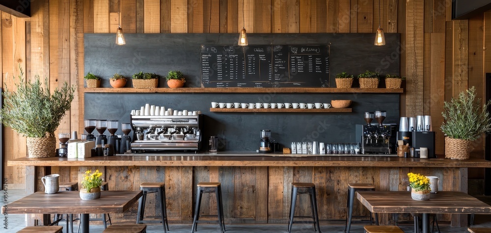 Rustic Coffee Shop Interior A lowangle view of a rustic coffee shop ...