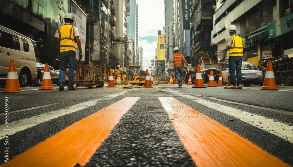 City workers installing construction cone markings for new road ...