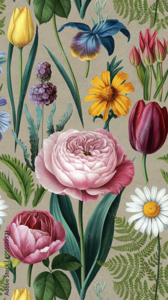 vintage botanical illustration, antique floral wallpaper, retro nature ...