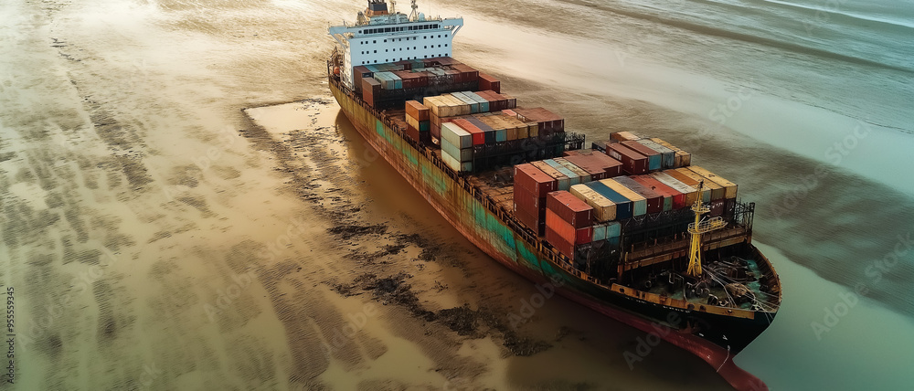 Large container freight cargo ship stuck in low water at sandy shore ...
