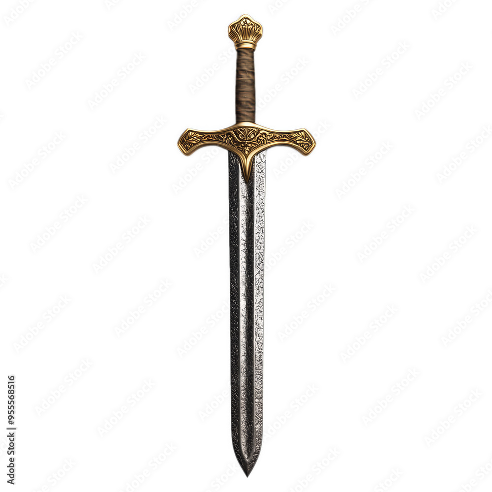 Medieval broadsword with a double edged blade and an ornate gold ...