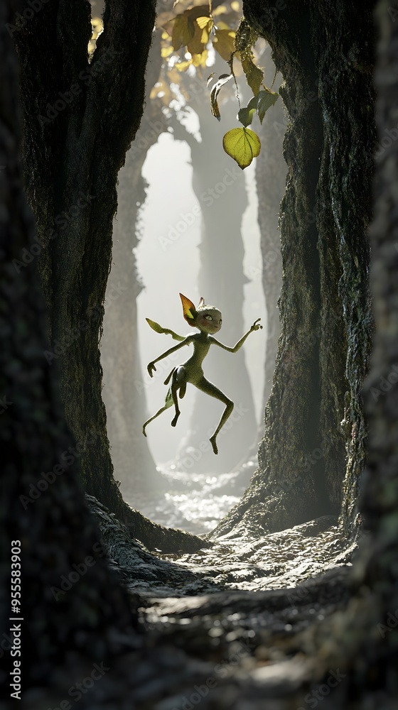 Whimsical and mischievous forest sprite dancing amongst towering ...