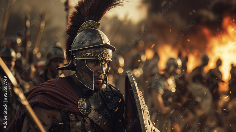 Roman centurion in battle armor, surrounded by soldiers and flames ...