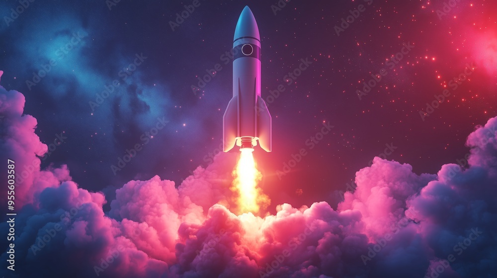 A rocket launches into a vibrant sky filled with cosmic clouds and ...