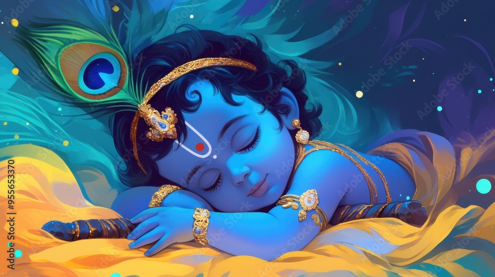 Cute little sleeping baby Krishna with blue skin and peacock feather ...