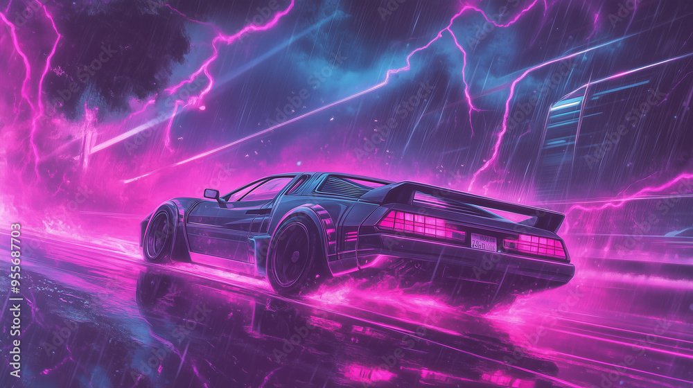 80s Synthwave Car Wallpaper with rain and lightning in an animated ...