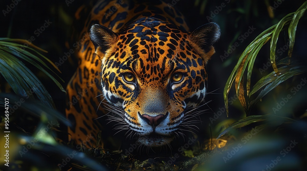 majestic jaguar emerging from lush rainforest shadows muscles rippling ...
