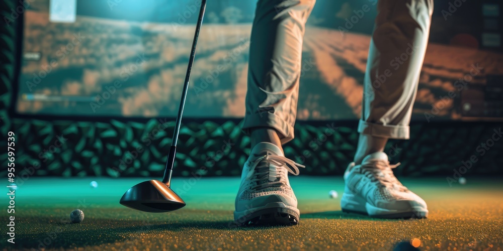 Indoor golf player using golf simulator in closeup Golfer s legs at ...