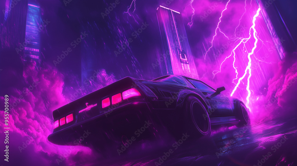 80s Synthwave Car Wallpaper with rain and lightning in an animated ...