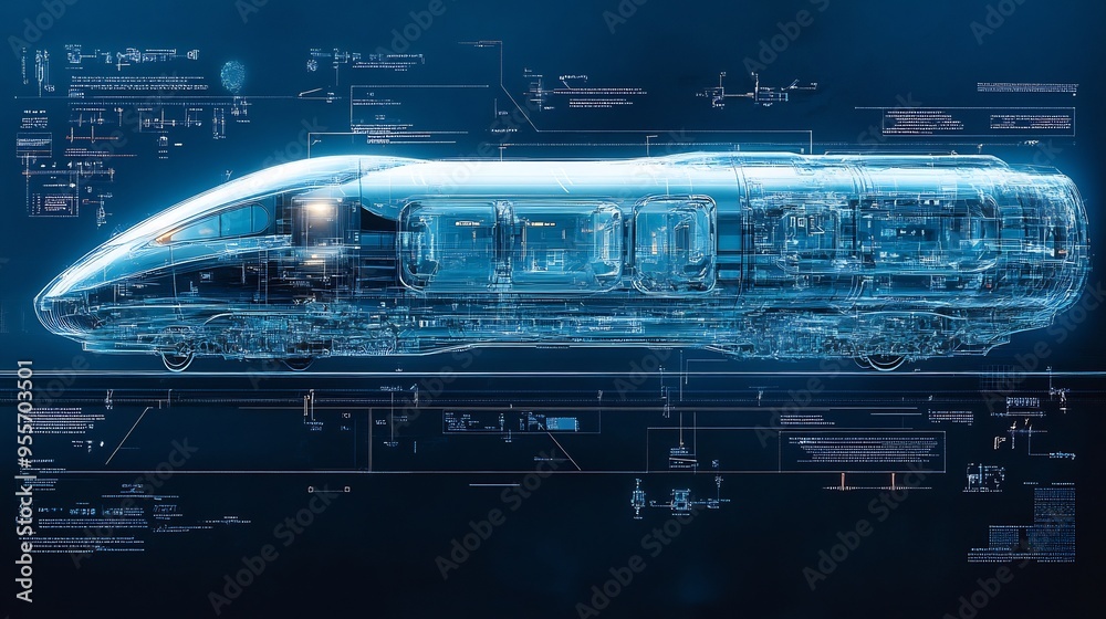 Blueprint of futuristic train with detailed carriage designs and ...
