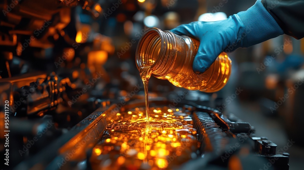 precision maintenance closeup of a mechanics gloved hand carefully ...