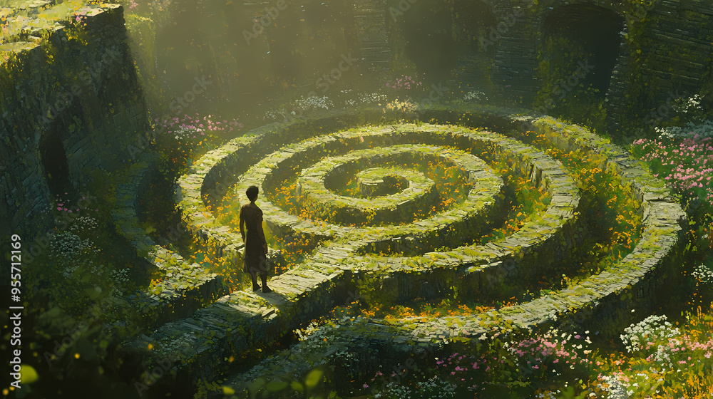 A young person wanders through an ancient labyrinth overgrown with moss ...